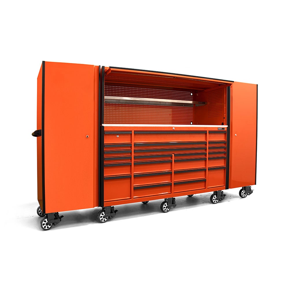 Tool Vault Elite XL 84” 23-Drawer Roller Cabinet with Hutch and 2 Side Lockers ...